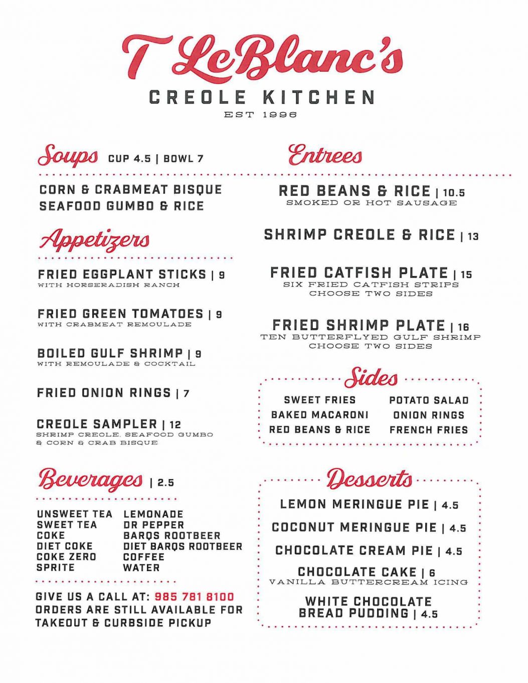 Menu - LeBlanc's Creole Kitchen