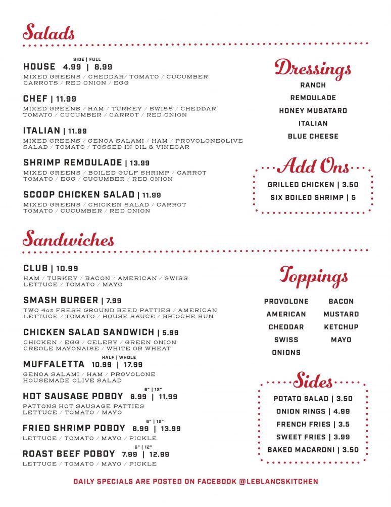 Menu - LeBlanc's Creole Kitchen