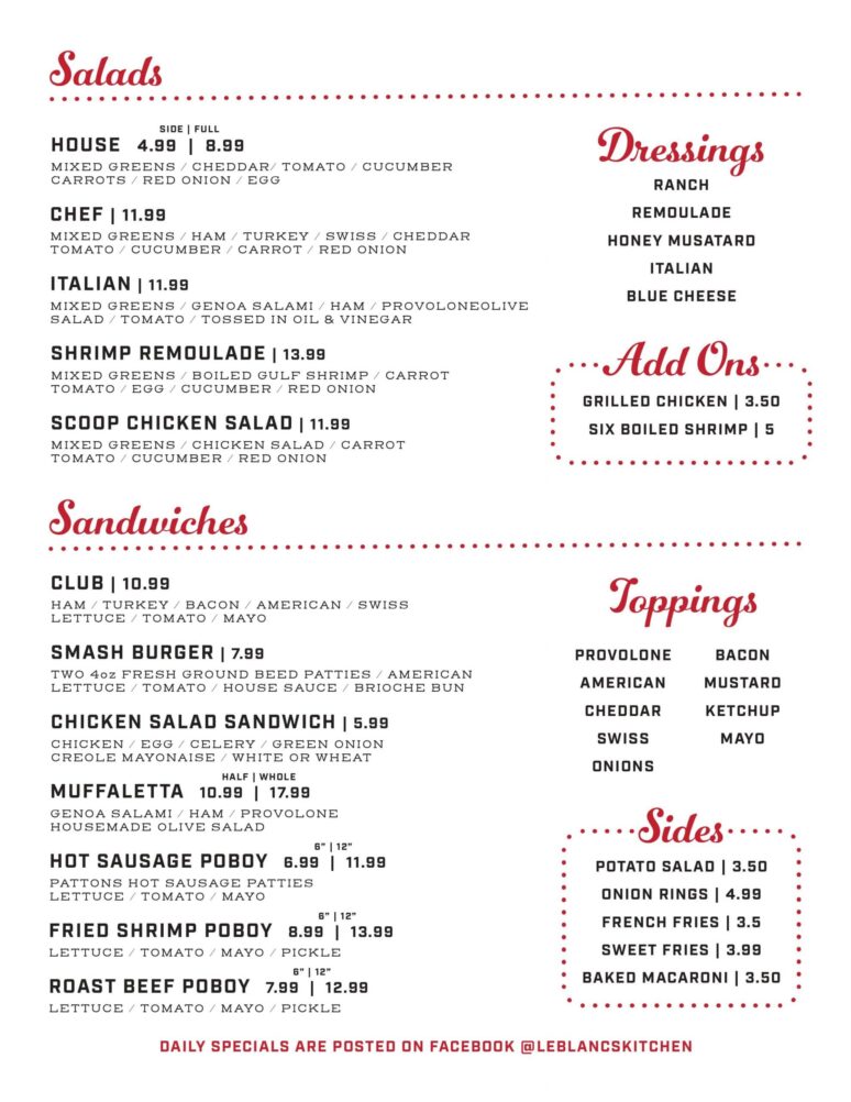 Menu - LeBlanc's Creole Kitchen